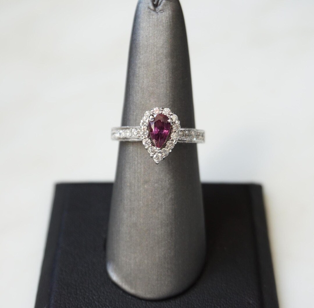 Pear Ruby Halo Ring / Vintage Estate Hand Engraved 14K White Gold 1 ...