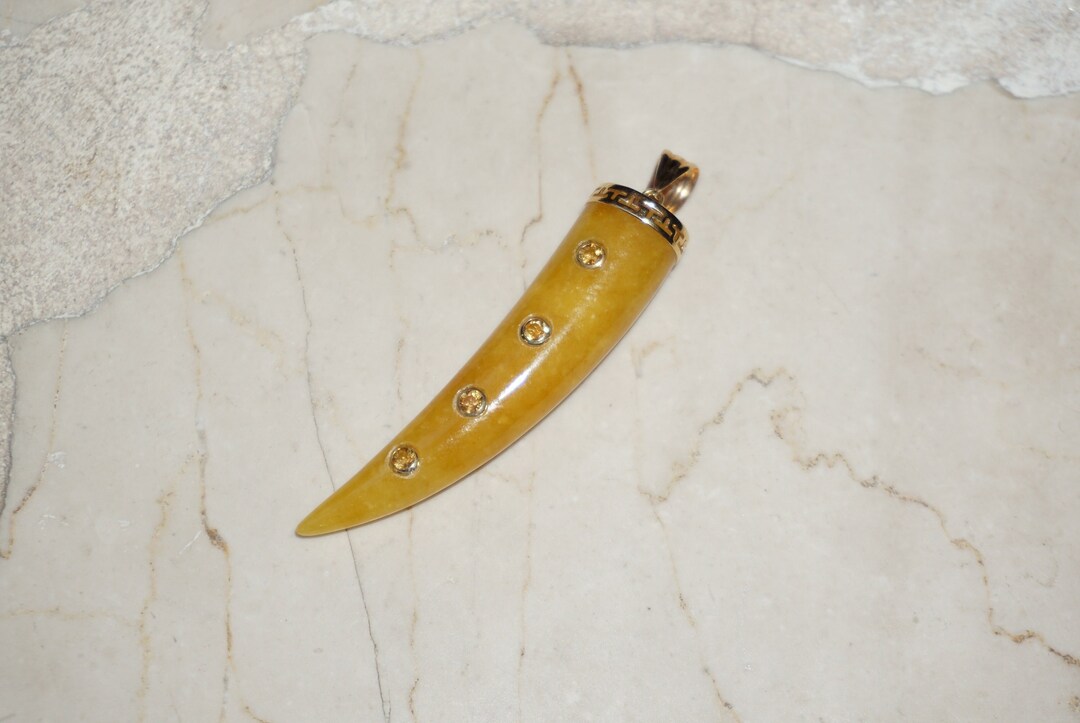 Jade Tusk Pendant / Vintage Estate 14K Gold Greek Key Natural Golden ...