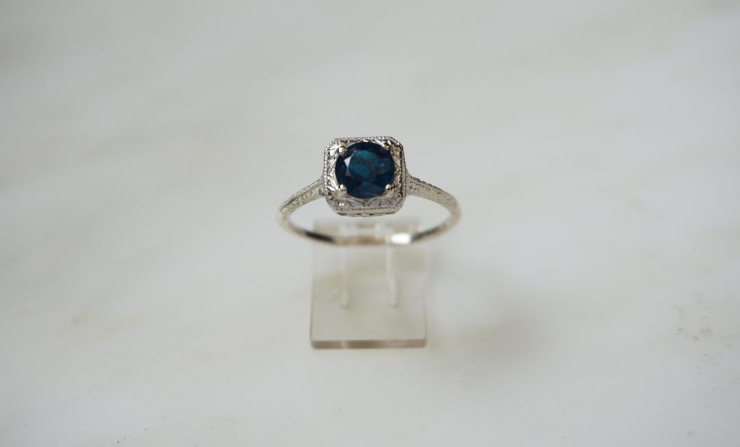 Vintage Apatite Ring / Estate Hand Engraved 14K White Gold 0.93ct Round ...