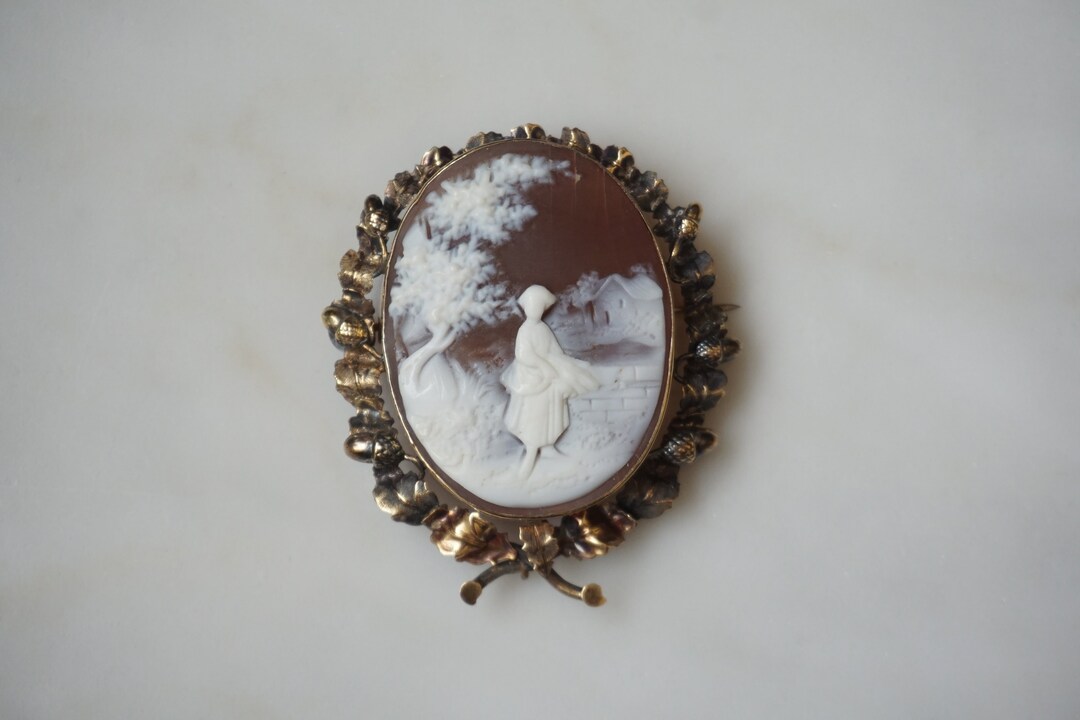 Antique Cameo Scene Pin / Antique Estate C1875 14K Gold Natural Shell ...