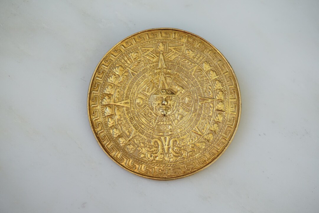 Mexican Sun Dial Medal Pin / Vintage Mid Century Estate C1960 Gold ...