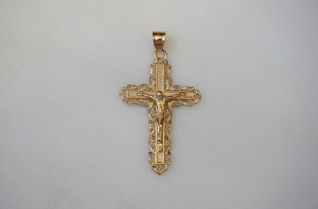 14K Gold Crucifix / Unisex Men's Vintage Estate 1980s 14K Solid Gold ...