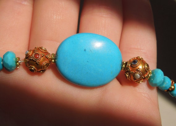 14K Gold Persian Turquoise & Gemstone Rondelle Ancien… - Gem