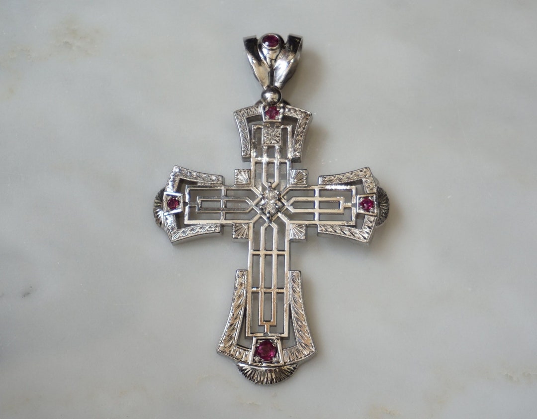 Art Deco Ruby Cross / Vintage Estate 10K White Gold 1.75TCW Marquise ...