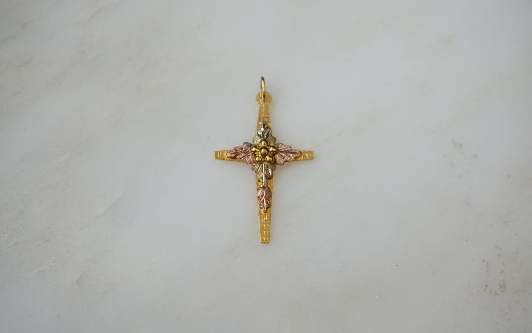 Tri-color Gold Floral Cross / Vintage Estate C1950 10K Rose, Green ...