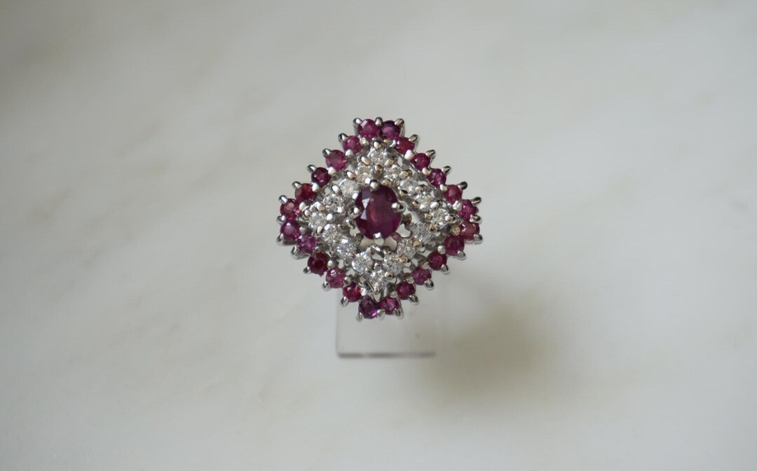 Mid-century Ruby Cocktail Ring / Vintage Estate C1960 18K White Gold 3 ...