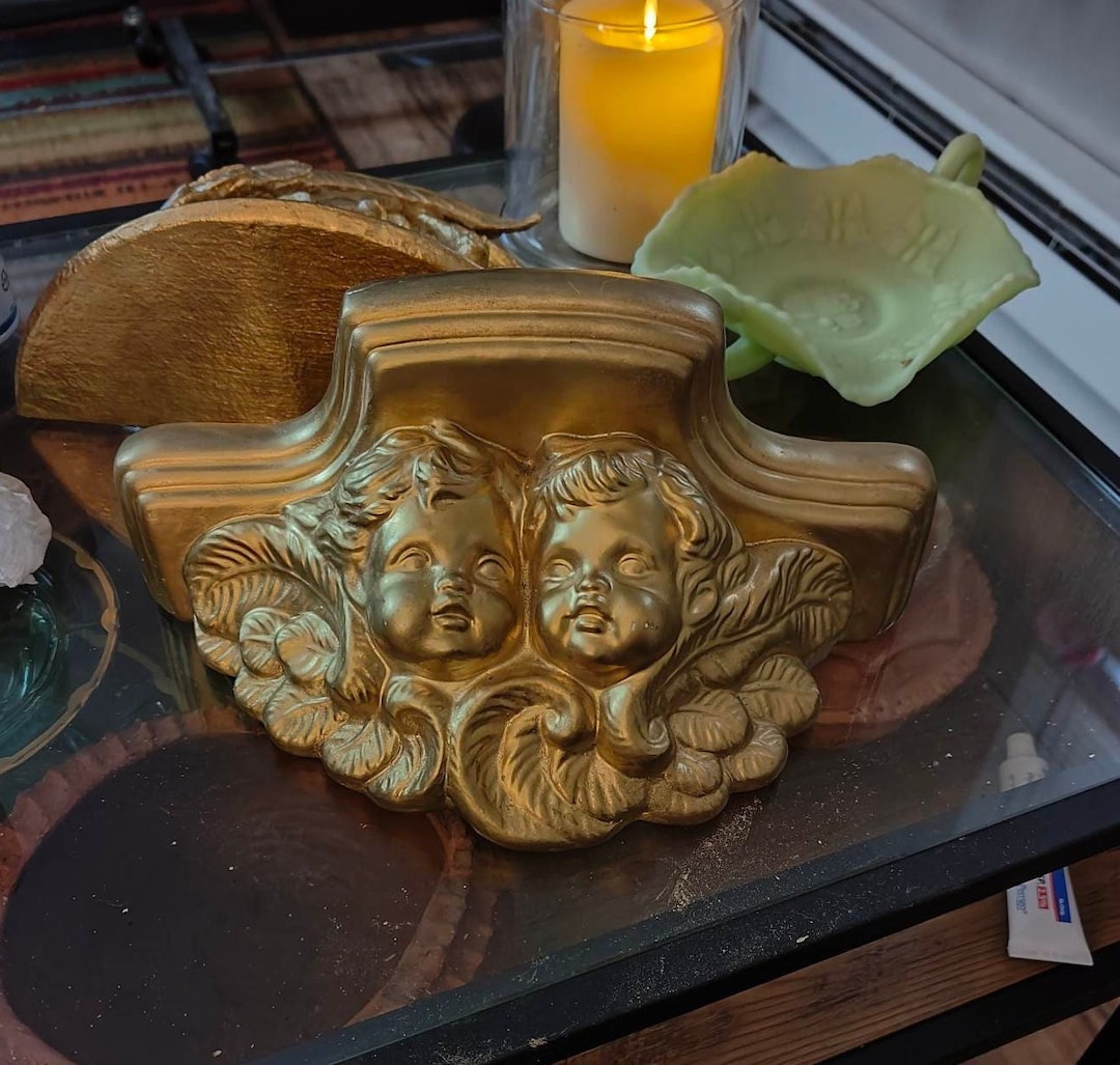 Vintage Set of Two Gold Porcelain Cherub Wall Shelves - Etsy