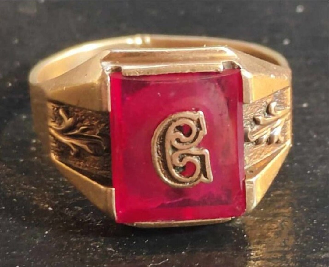 1920s Antique Men's Ring 10K Yellow Gold Insignia Initial g With Red ...