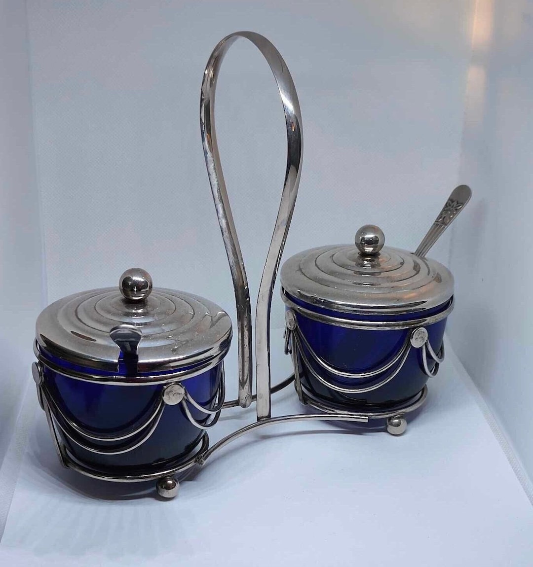 Silver Plated Cobalt Blue Glass Condiment Server With Lids and Spoons ...