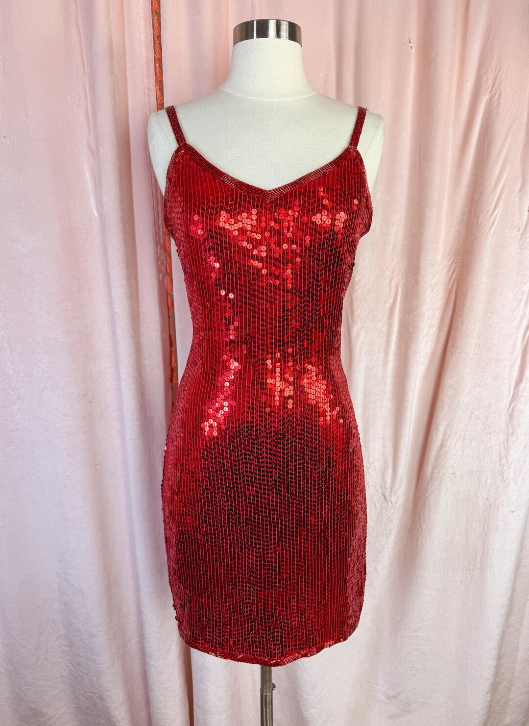 Vintage 1990s Red Sequin Mini Dress Spaghetti Strap 34 Bust Small XS ...