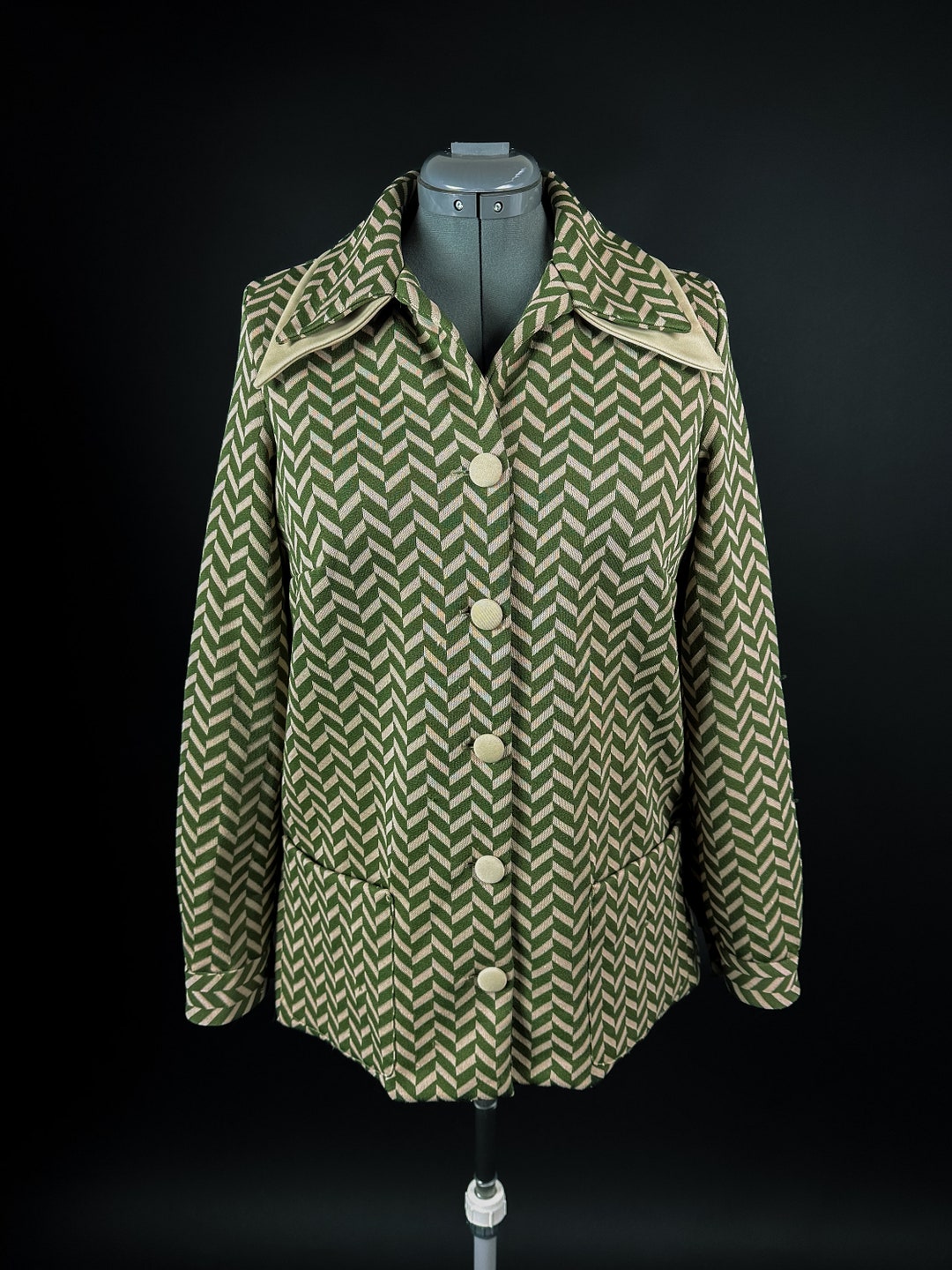 1970s Chevron Knit Jacket Top Green Beige Large XL - Etsy