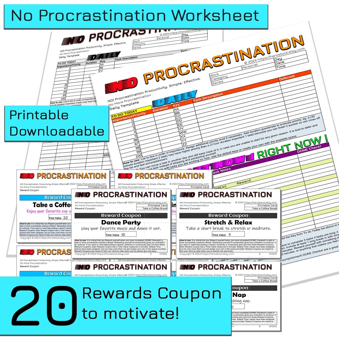 No Procrastination Daily Worksheet, Easy to Use. Includes 20 Rewards ...
