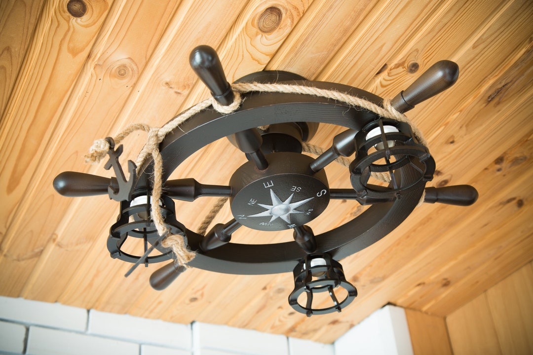 Wooden Ceiling Chandelier in Nautical Style as a Ship's Wheel, 3 Lights ...