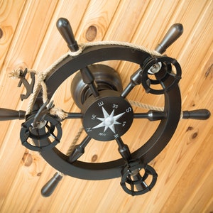 Wooden Ceiling Chandelier in Nautical Style as a Ship's Wheel, 3 Lights ...