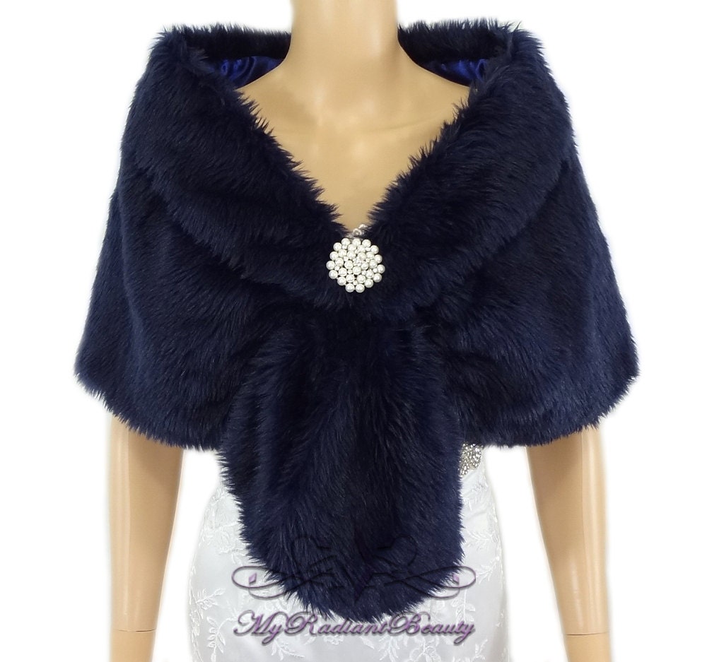 Faux Fur Stole, Navy Blue Faux Fur Wrap, Bridal Shrug, Fur Shawl, Faux ...