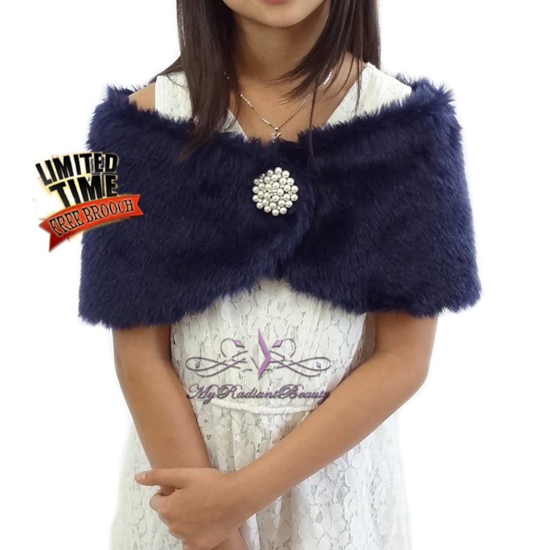 Faux Fur Wrap, Girl Fur Shawl, Navy Blue Faux Fur Stole for Flower Girl ...