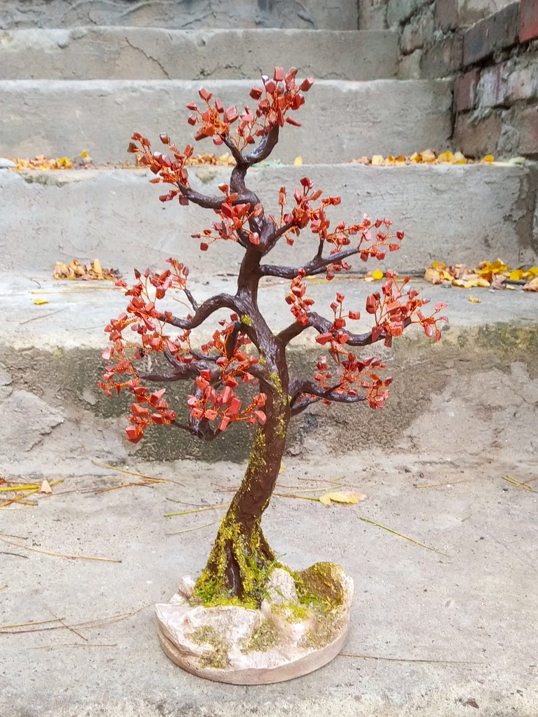 Beaded Bent Artificial Tree With Natural Stones - Tiny Bonsai - Autumn ...