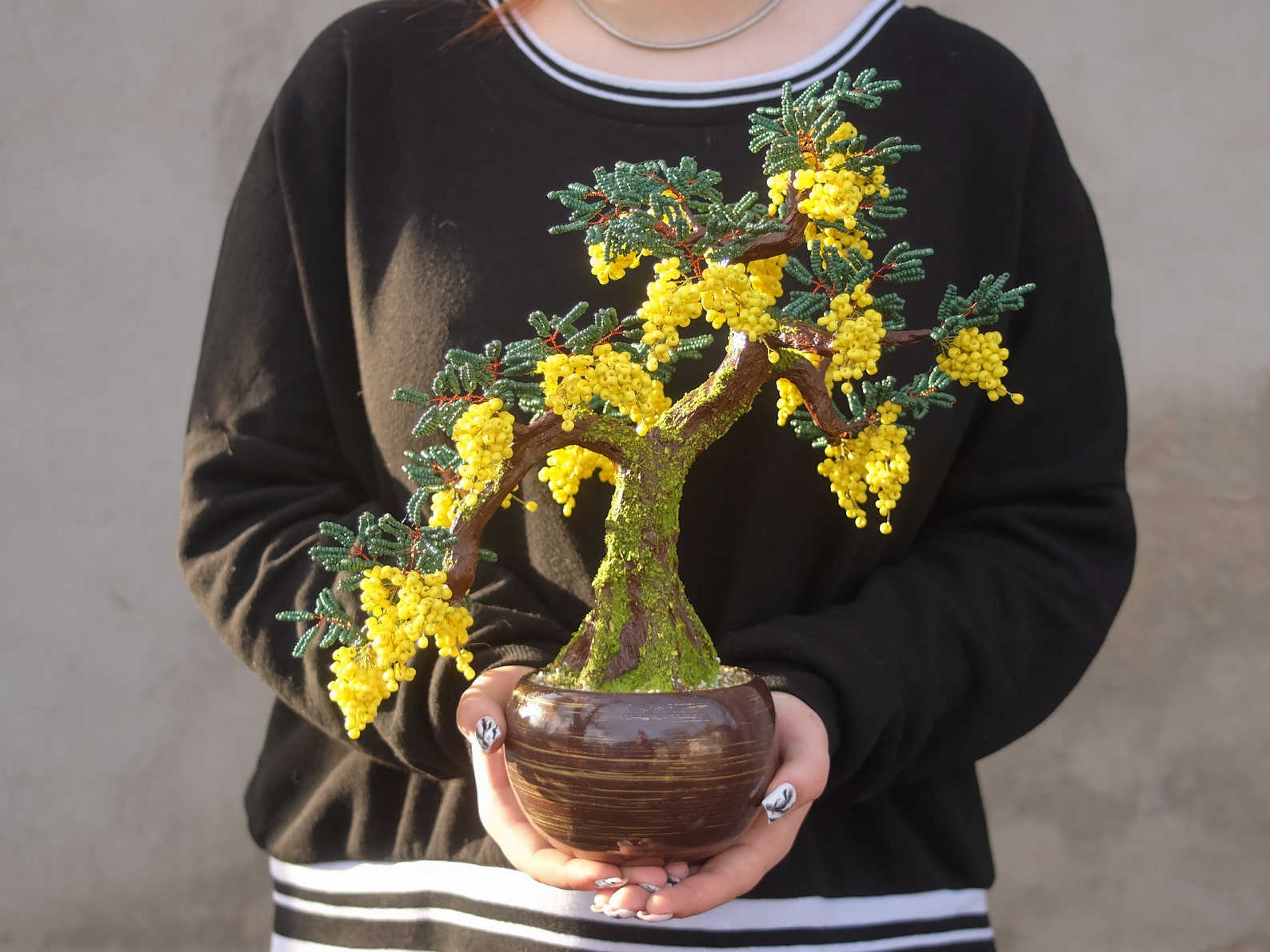 Beaded Artificial Golden Mimosa - Miniature Tree - Silver Wattle ...