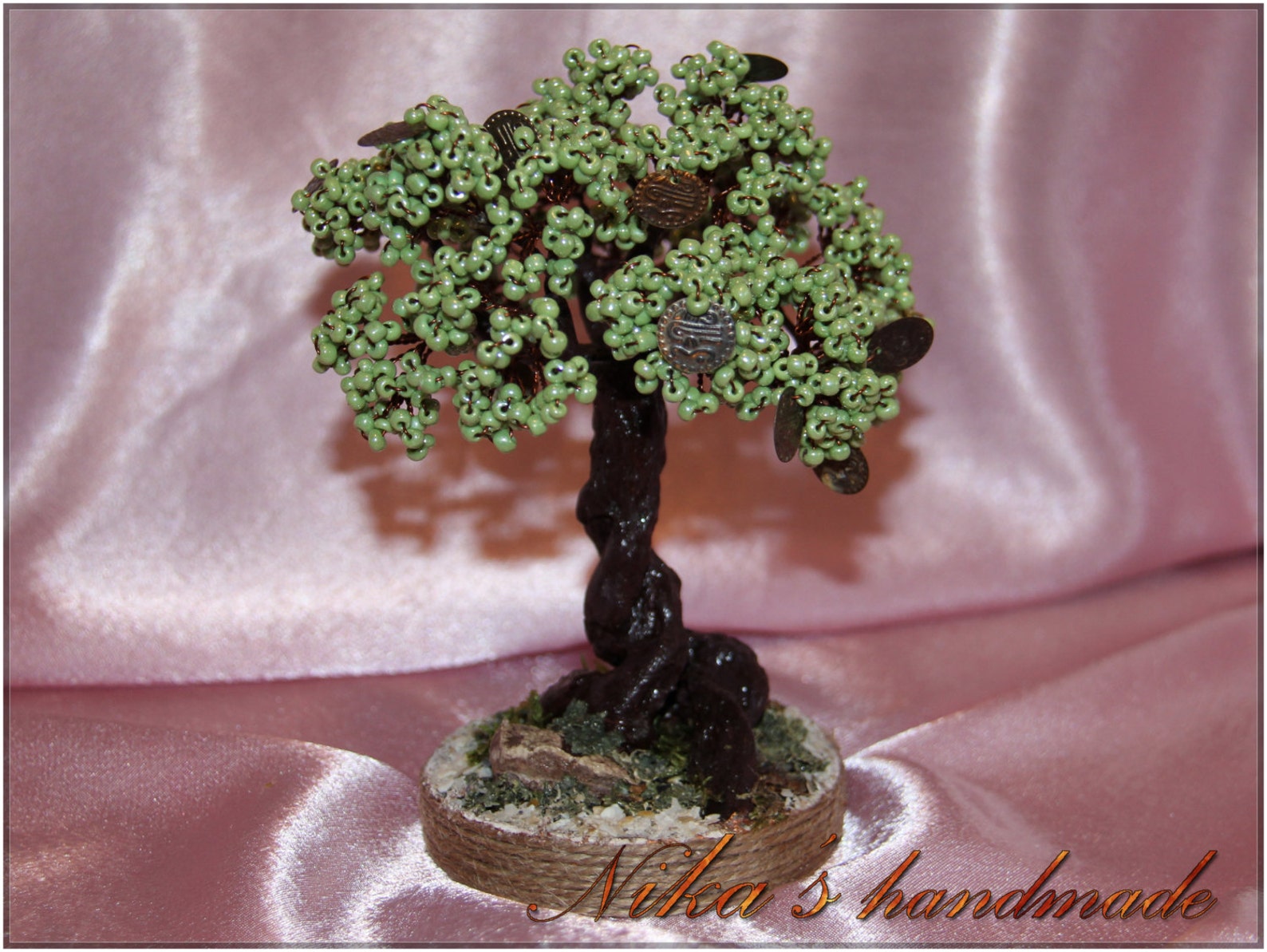 Beaded Artificial Green Feng Shui Tree With Coins, Office Decor Money ...