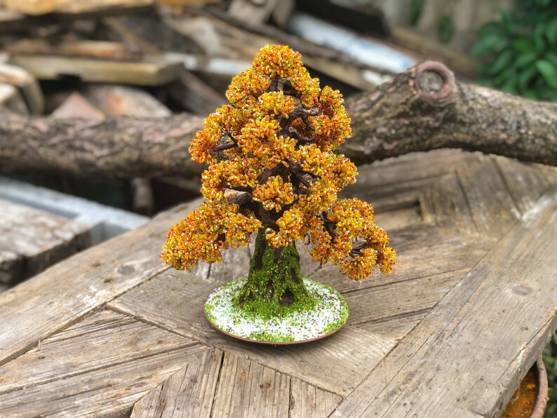 Beaded Wire-wrapped Autumn Bonsai - Miniature Autumn Tree - Beaded ...