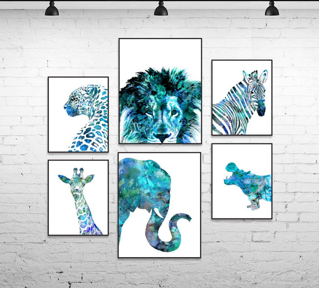 Blue Jungle Animals Art Print Set Blue Nursery Watercolor Painting ...