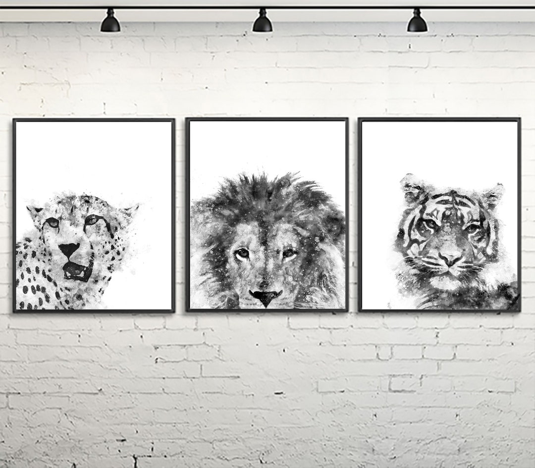 Black White Animal Prints, Nursery Animal Paintings, Wild Cats Print ...