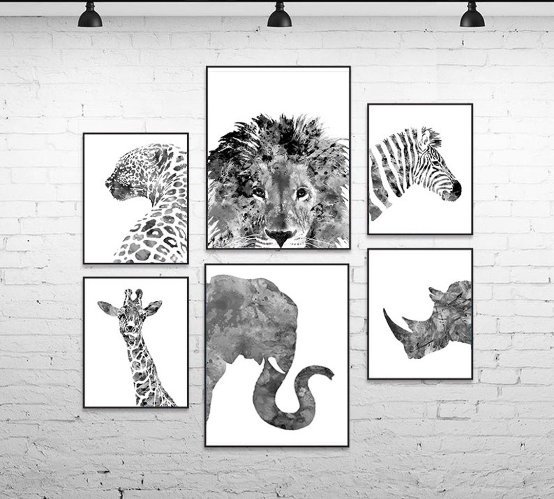 Black White Watercolor Jungle Animals Print Set Nursery Watercolor ...