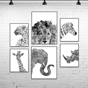Black White Watercolor Jungle Animals Print Set Nursery Watercolor ...
