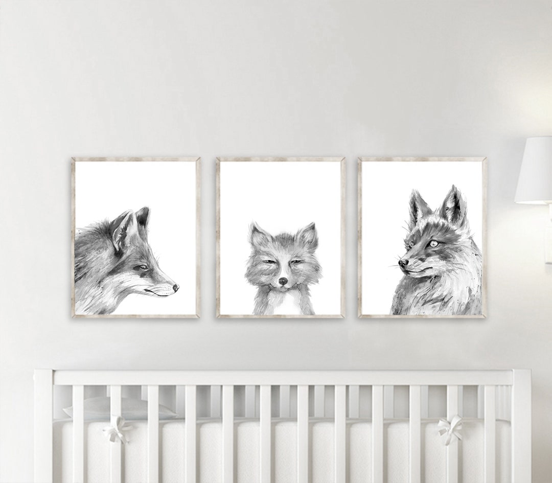 Black White Watercolor Fox Prints: Woodland Nursery Decor, Set of 3 ...