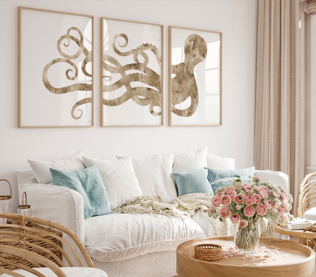 Sepia Octopus Art Prints: Beige Coastal Wall Decor, Set of 3 - O42 - Etsy