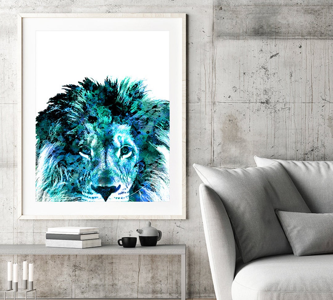 Blue Lion Print, Lion Art, African Art, Safari Decor, Animal Art ...