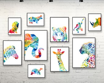 Kids Animal Art Print Watercolor Prints Set Nursery Animals | Etsy