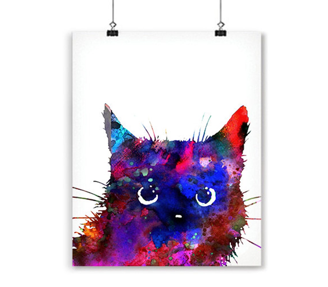 Colorful cat art print modern art watercolor painting print | Etsy
