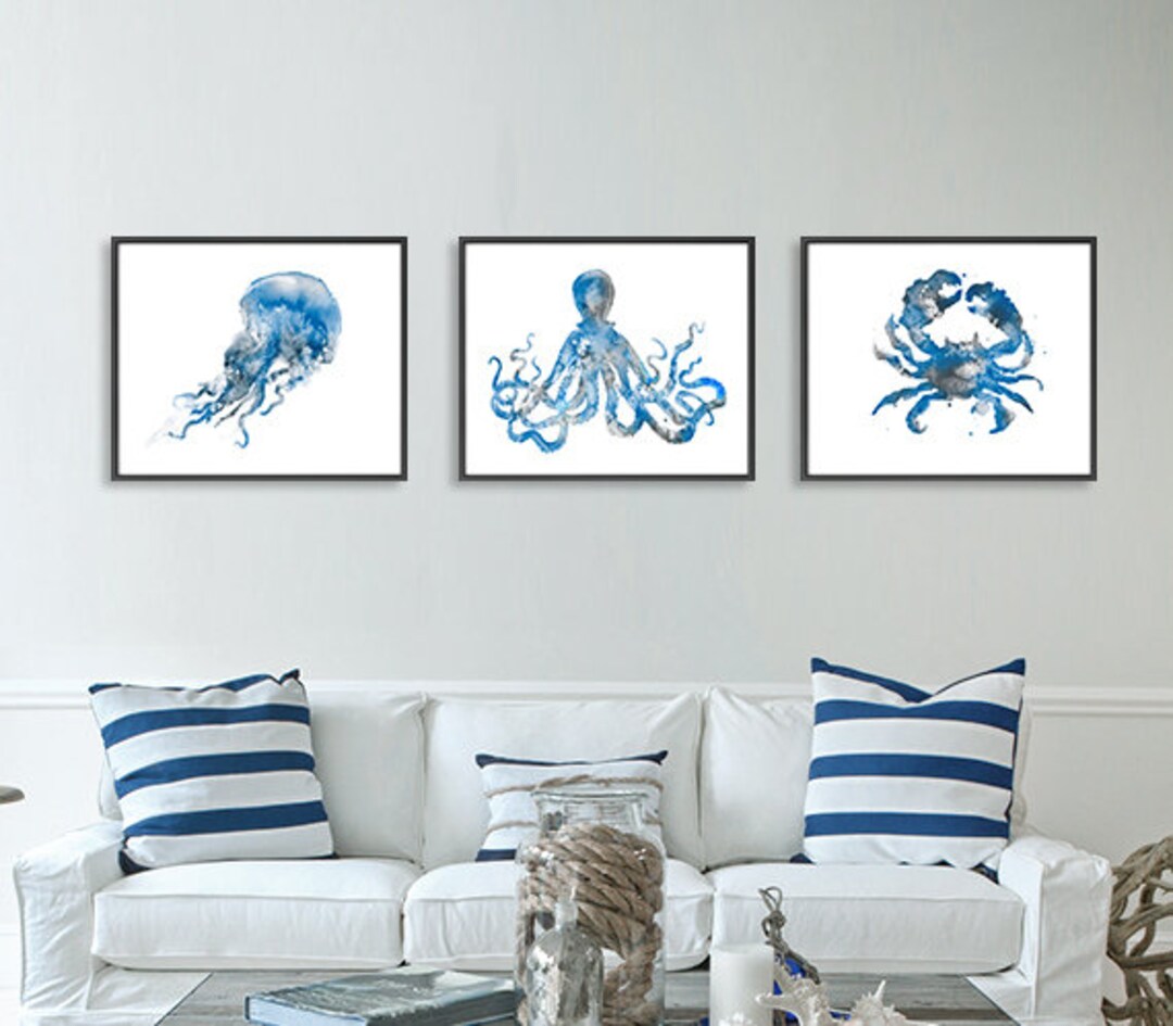 Ocean Artwork Nautical Decor Blue Print Set Watercolor Painting Turtle ...