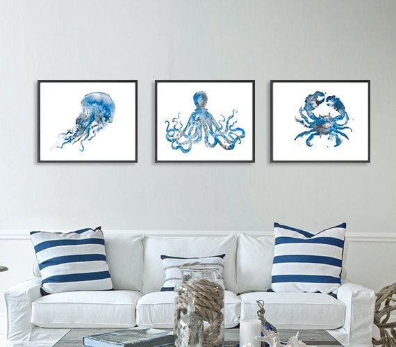 Ocean Artwork Nautical Decor Blue Print Set Watercolor | Etsy