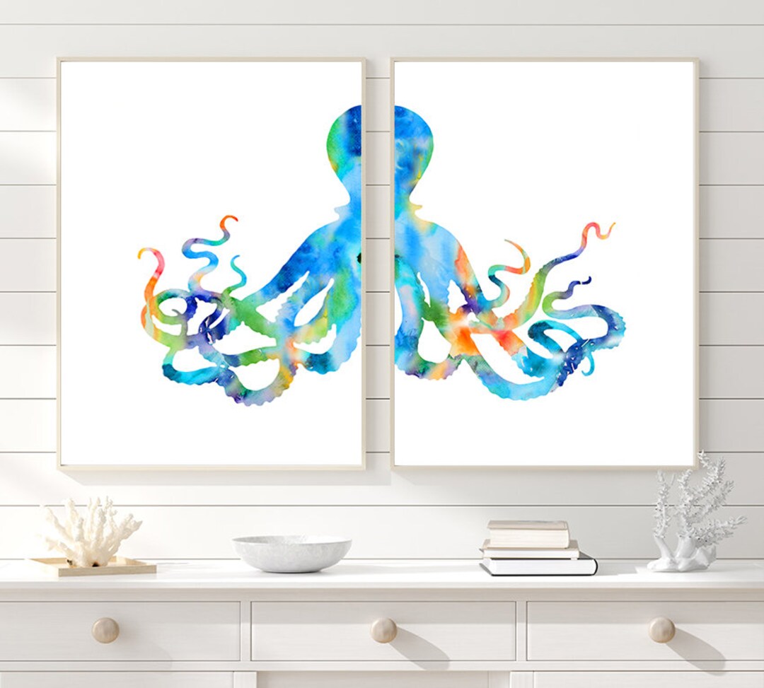 Octopus Watercolor Art Prints: Nautical Coastal Decor, Set of 2 - 627 ...