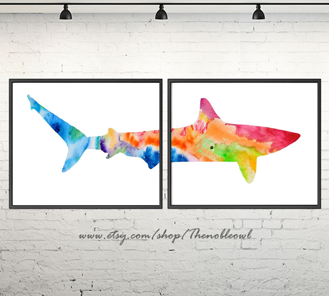 Watercolor Shark Art Poster, Nursery Poster, Nautical Print, Coastal ...