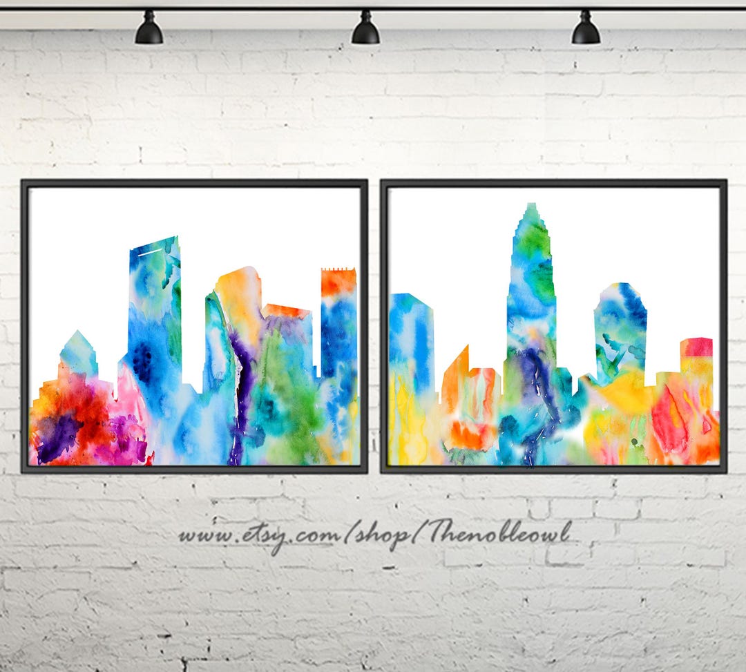 Watercolor Charlotte Print, Charlotte Skyline, Charlotte Cityscape ...