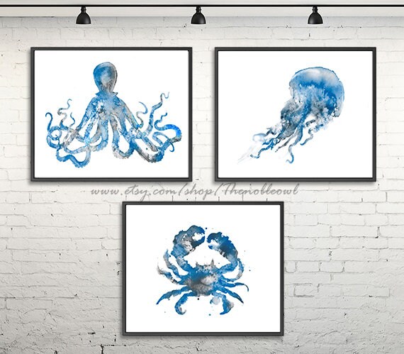 Ocean Artwork Nautical Decor Blue Print Set Watercolor | Etsy