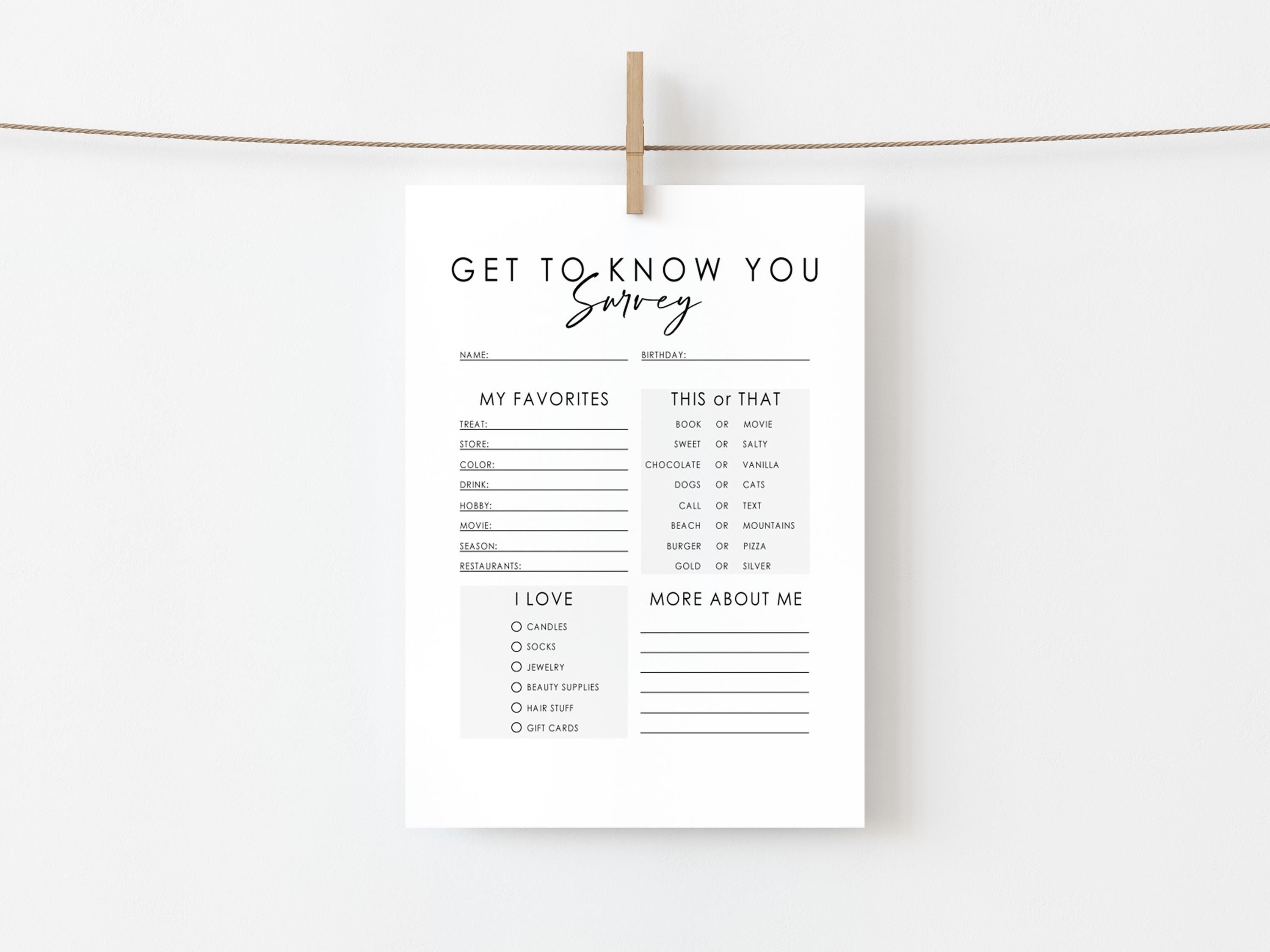 Get to Know You Printable - Work Exchange Gift - All About Me ...