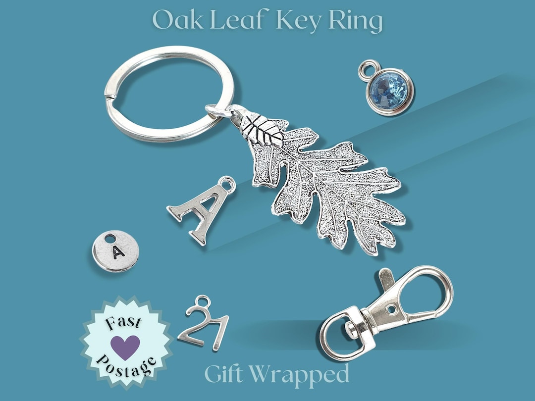 Oak Leaf Keyring, Nature Lover Gift, Silver Woodland, Personalised Gift Wrapped, Letterbox Gift ...