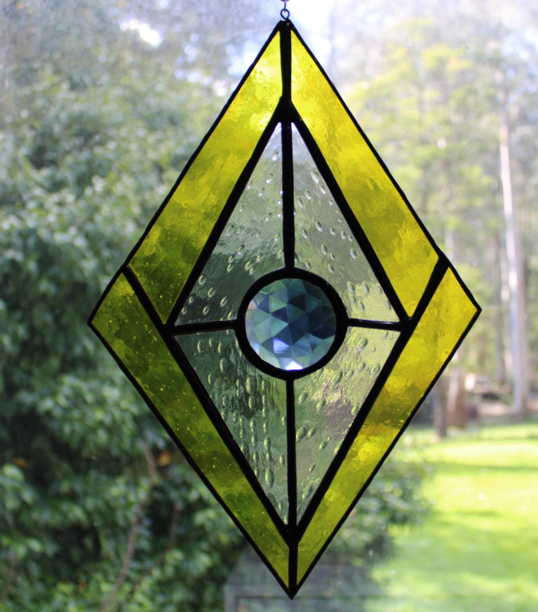 Diamond Shape Stained Glass Large Suncatcher, Yellow Glass, Raindrop ...