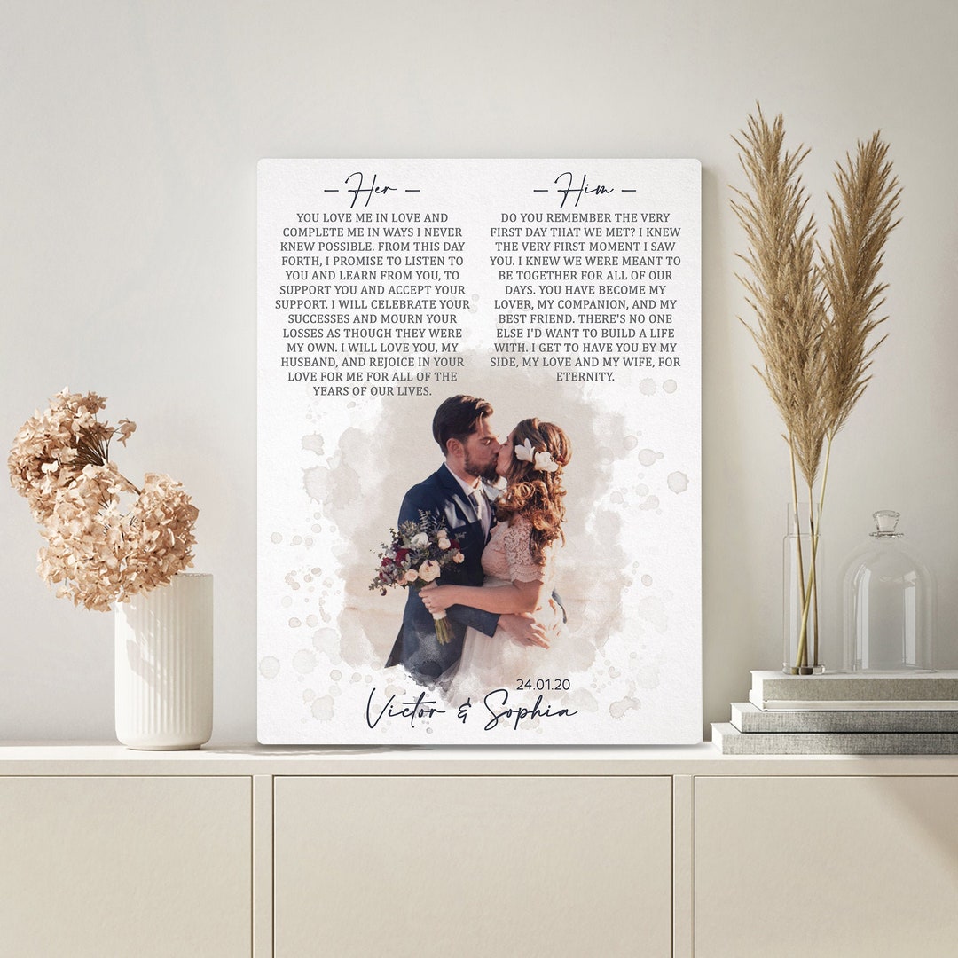 Custom Wedding Vows With Photo Print, Framed Wedding Vows Watercolor ...