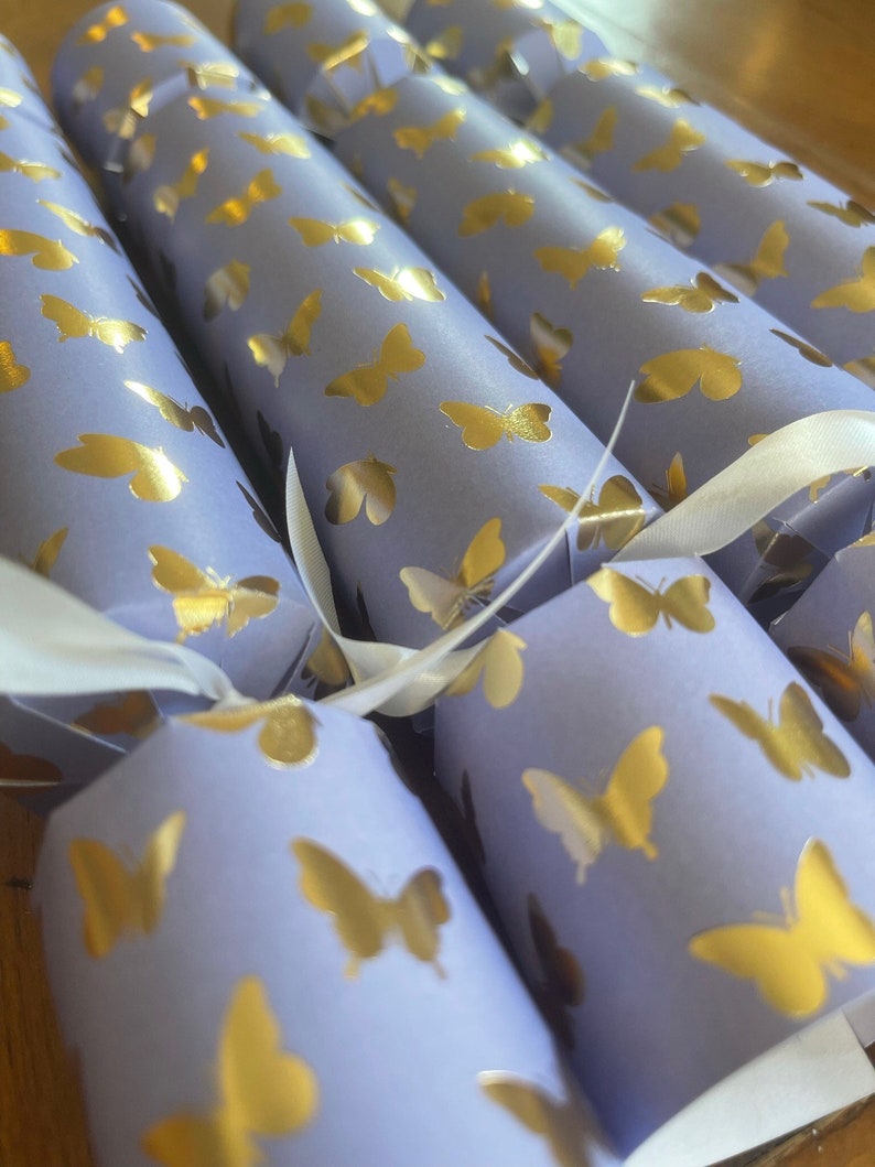 Lilac and Gold Butterfly Crackers, Metallic Gold With White Ribbon ...