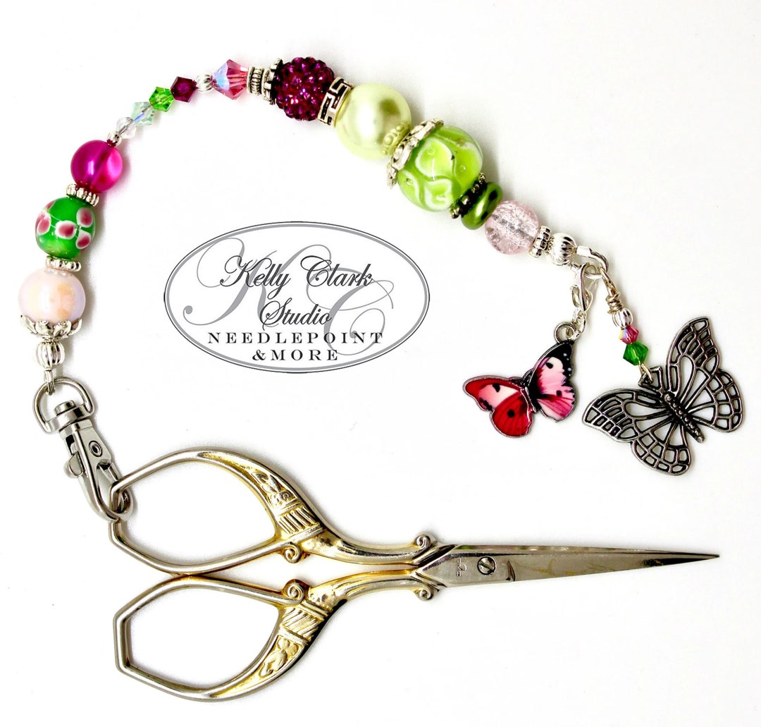 Butterflies Scissor Fob: Pink & Green Beaded Lanyard, Keychain, Purse ...