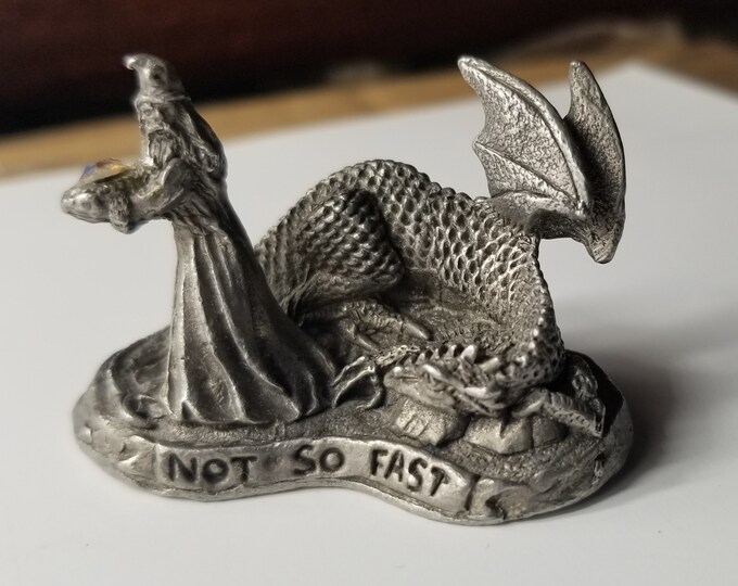 Vintage Solid Pewter Wizard and Dragon Gallo Figurine, "not so Fast ...