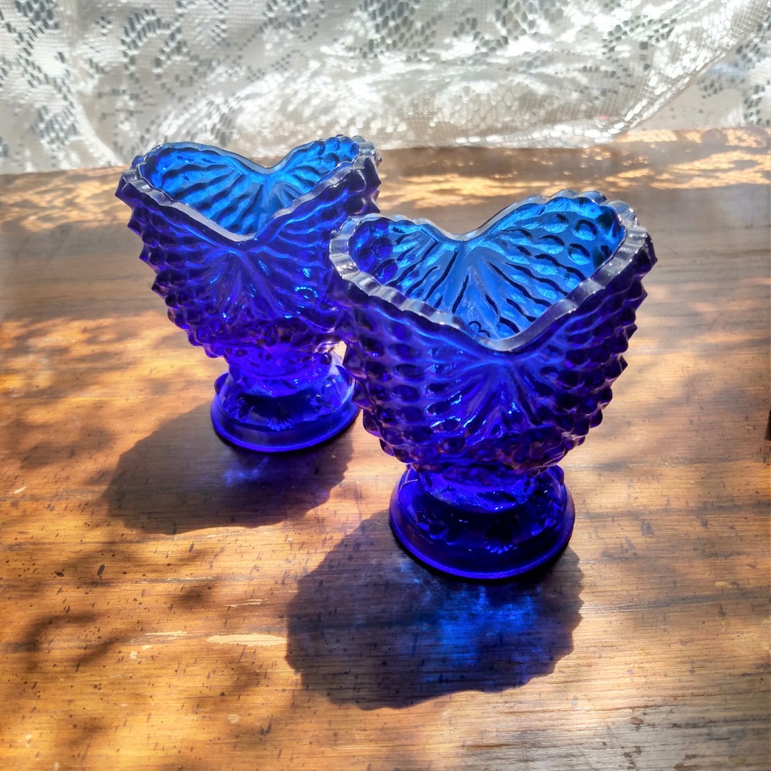 2 Identical Vintage Cobalt Blue Glass Hobnail Small Toothpick Textured ...
