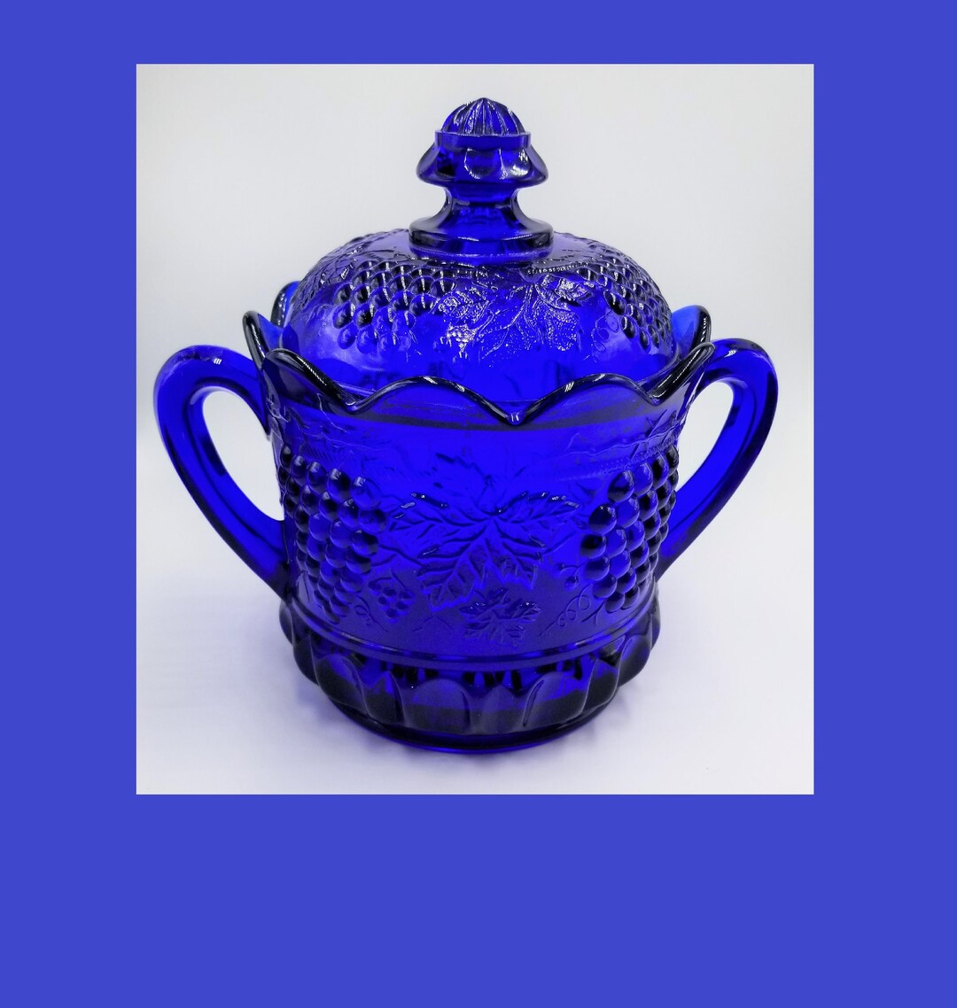 Large Deep Cobalt Blue Pressed Glass Heavy Lidded Crock, Grapes Motif ...
