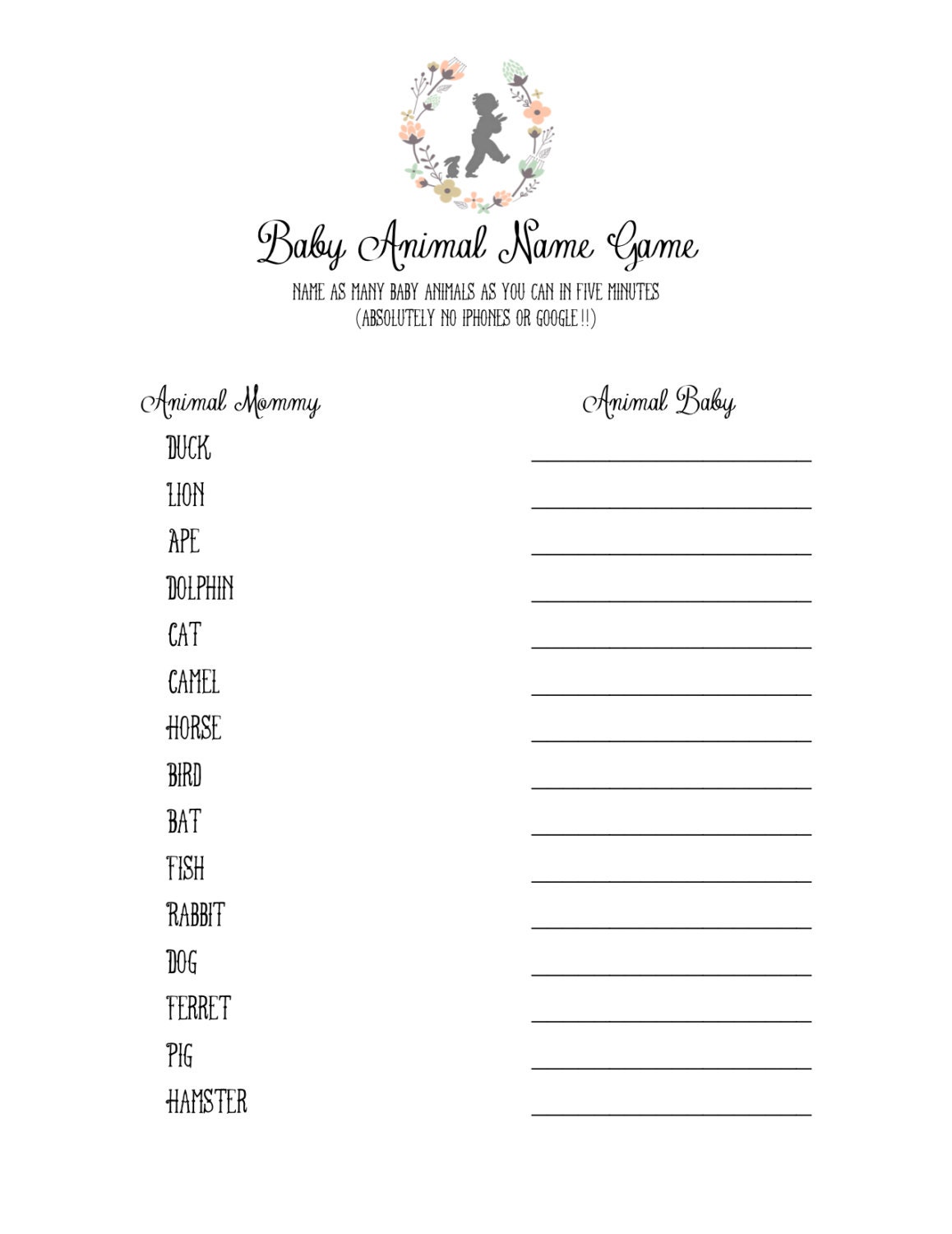 Baby Animal Name Game {bunny Baby Shower} - Digital File - Instant ...