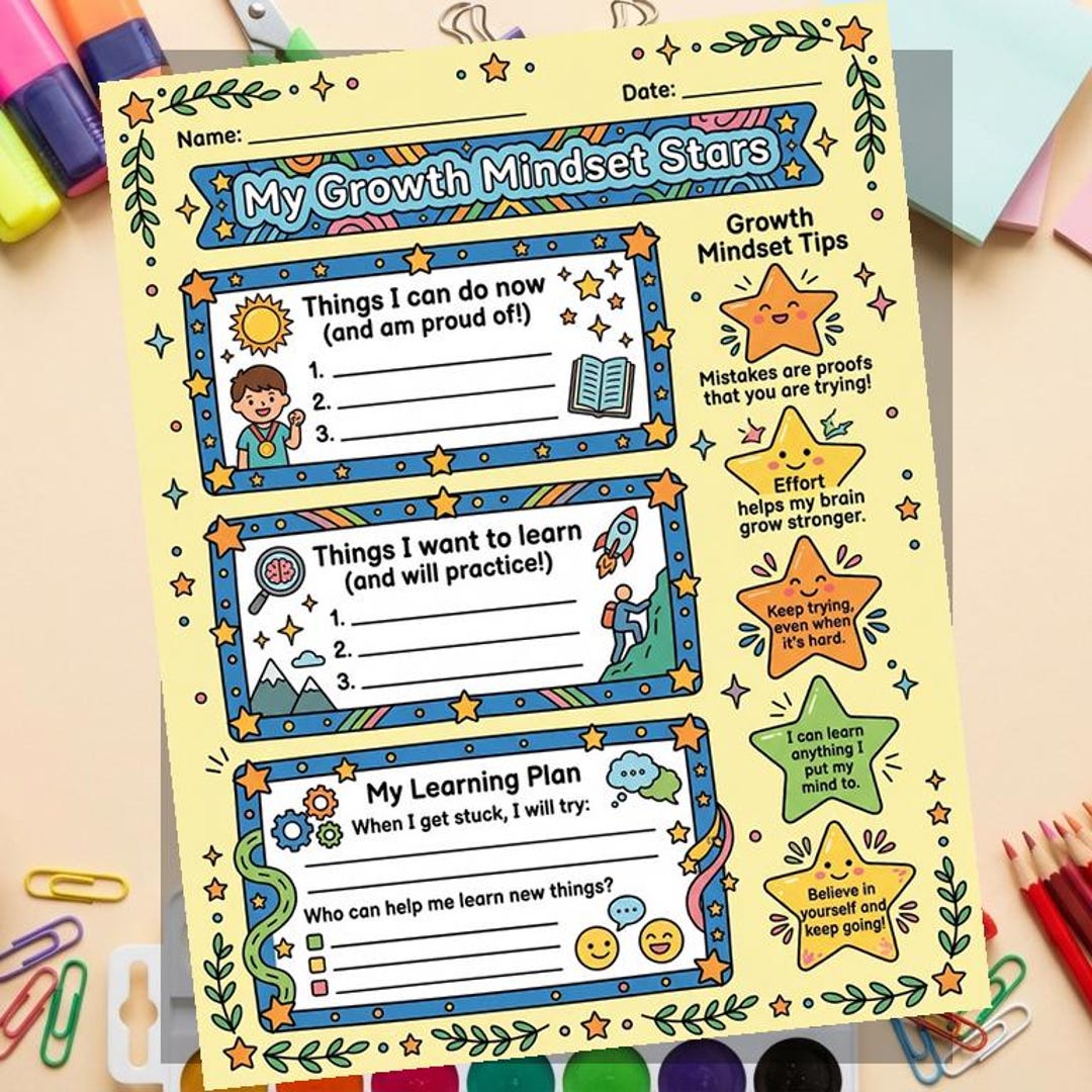 Growth Mindset Stars Worksheet for Kids | Fixed Vs Growth Thinking ...